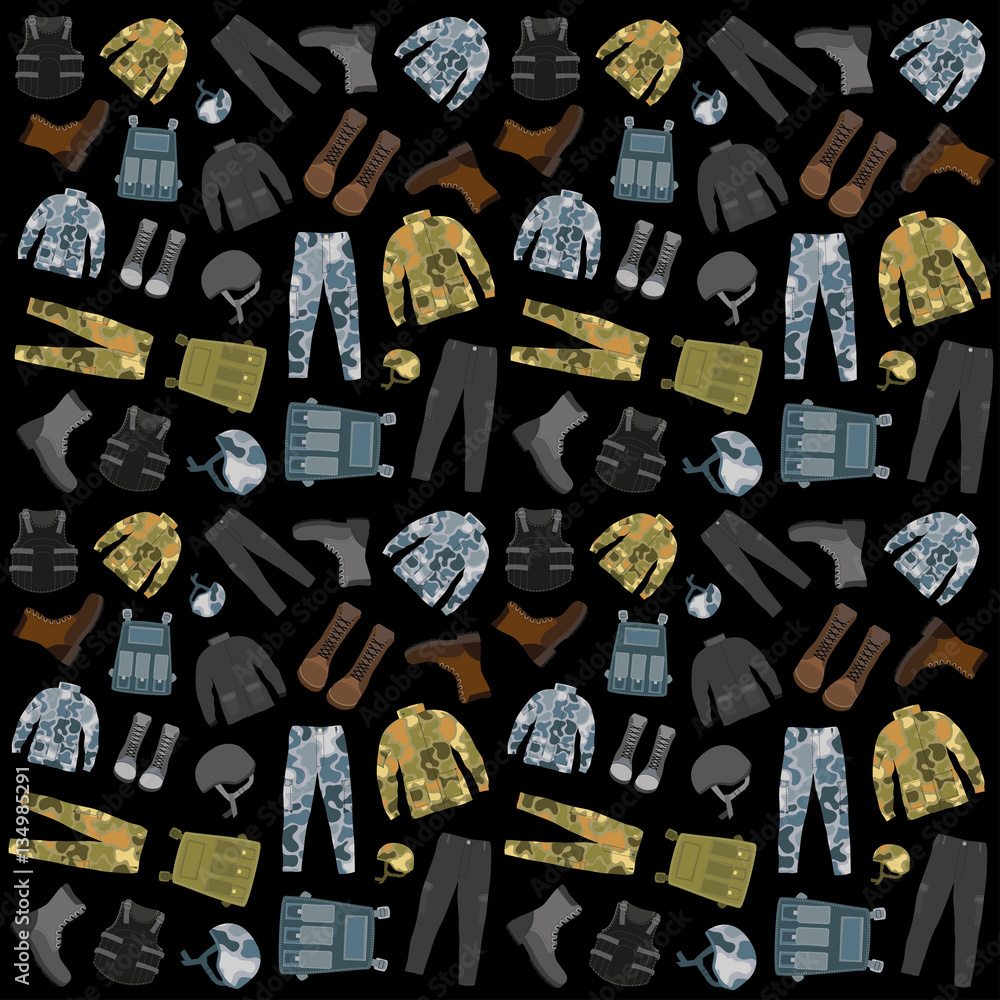 military uniforms with different colors of camouflage on a black ...