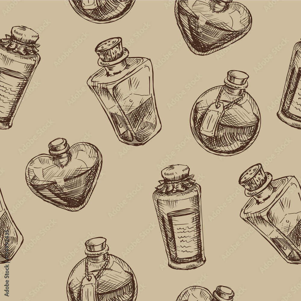 Seamless pattern with magic glass flasks. Science potions doodle style ...