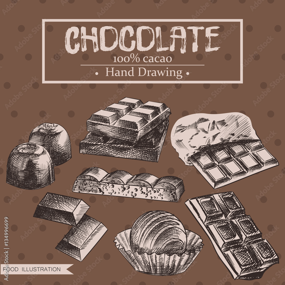 Set of hand drawn chocolate isolated on brown background. chocolate ...