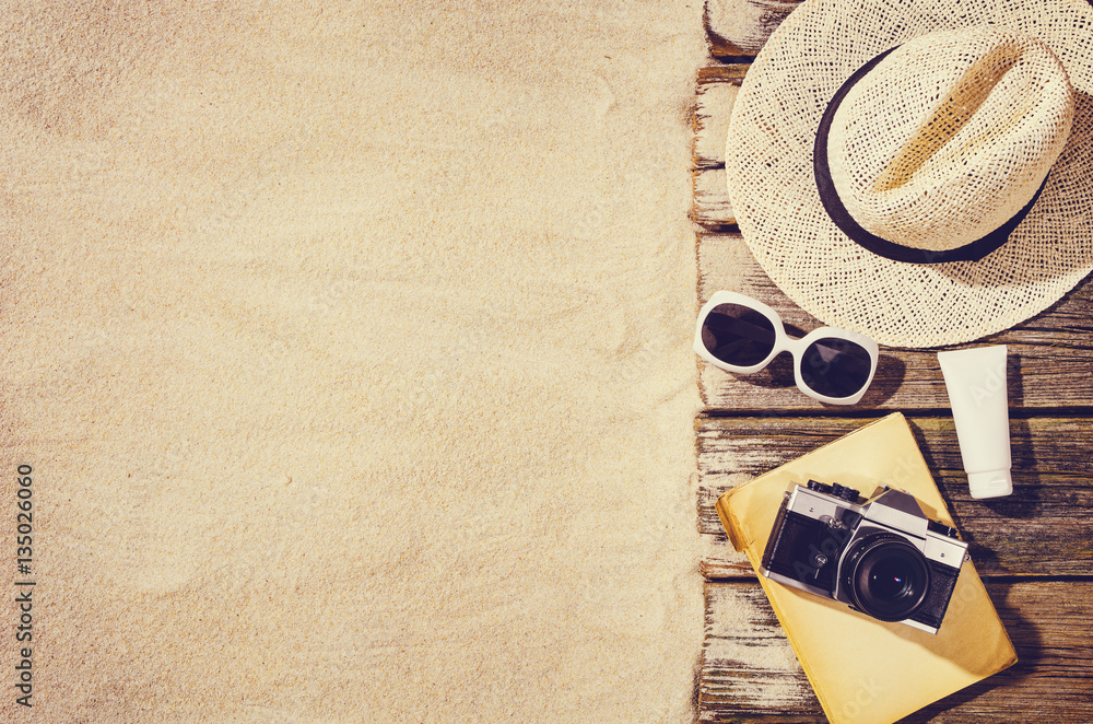 Top view of sandy beach frame. Background with copy space and visible ...