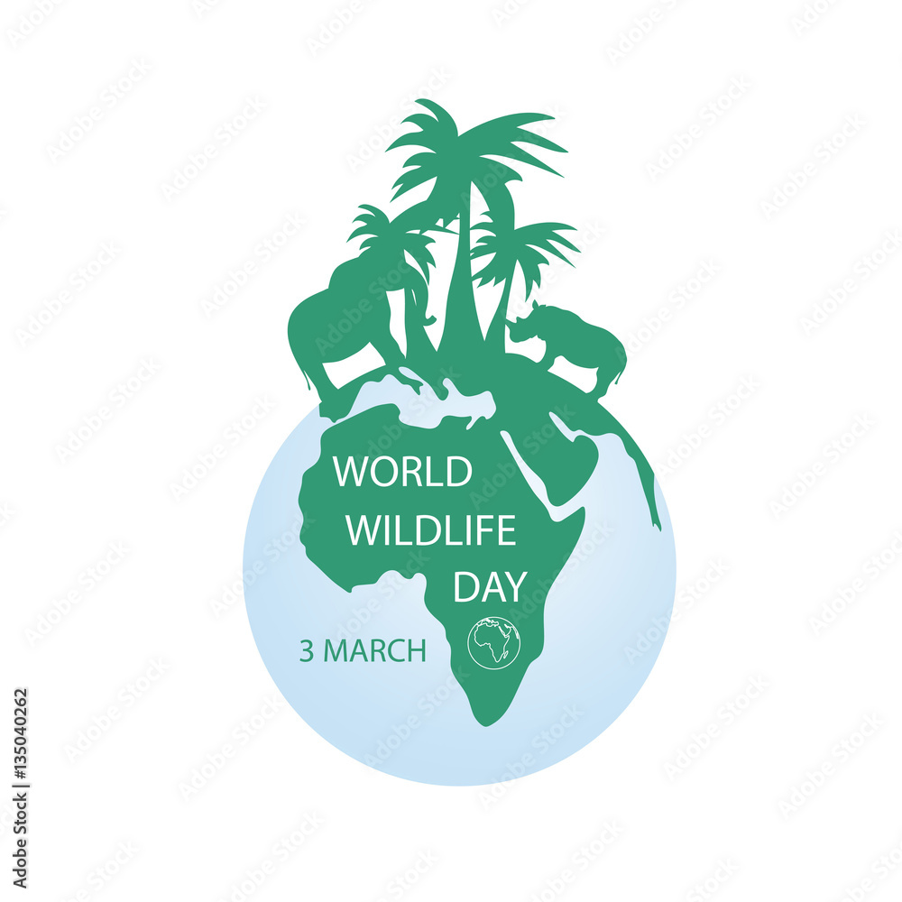 March 3 World Wildlife Day. Globe with Africa, silhouettes of elephant ...