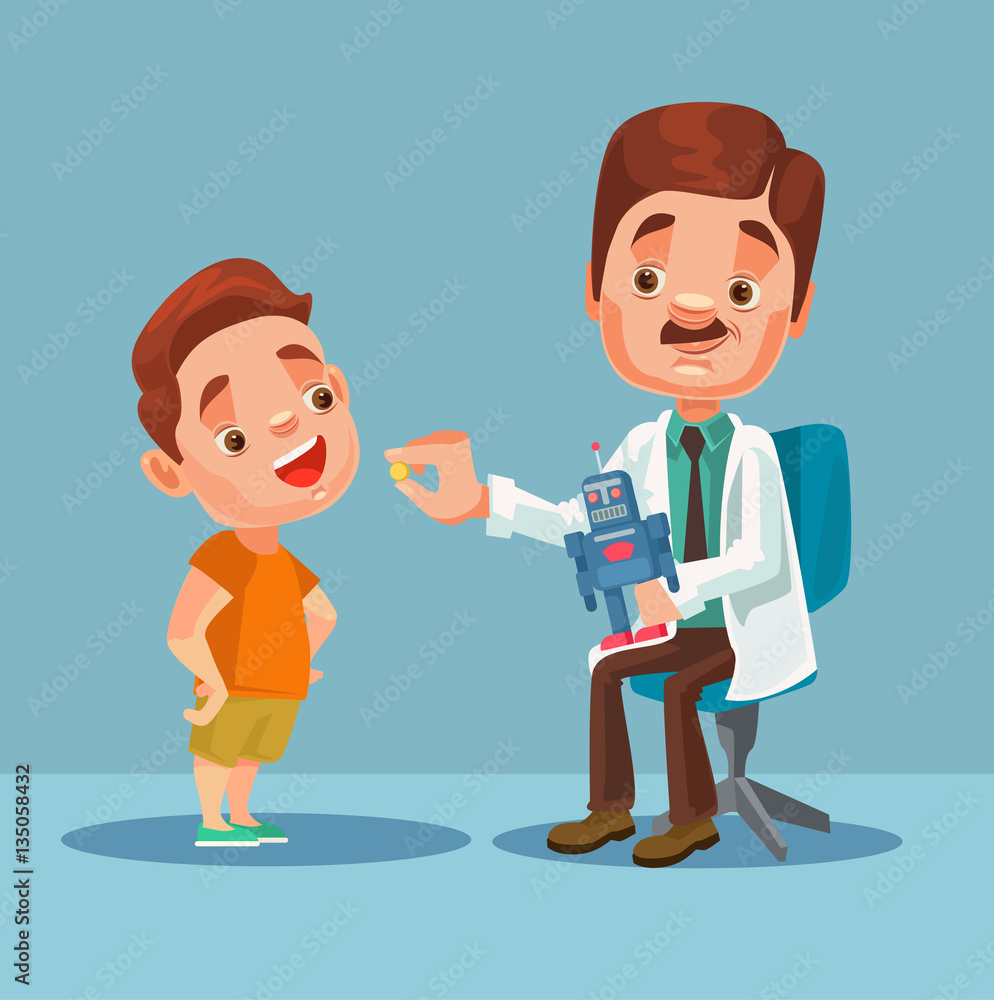 Doctor character giving medicine to little boy patient. Vector flat ...