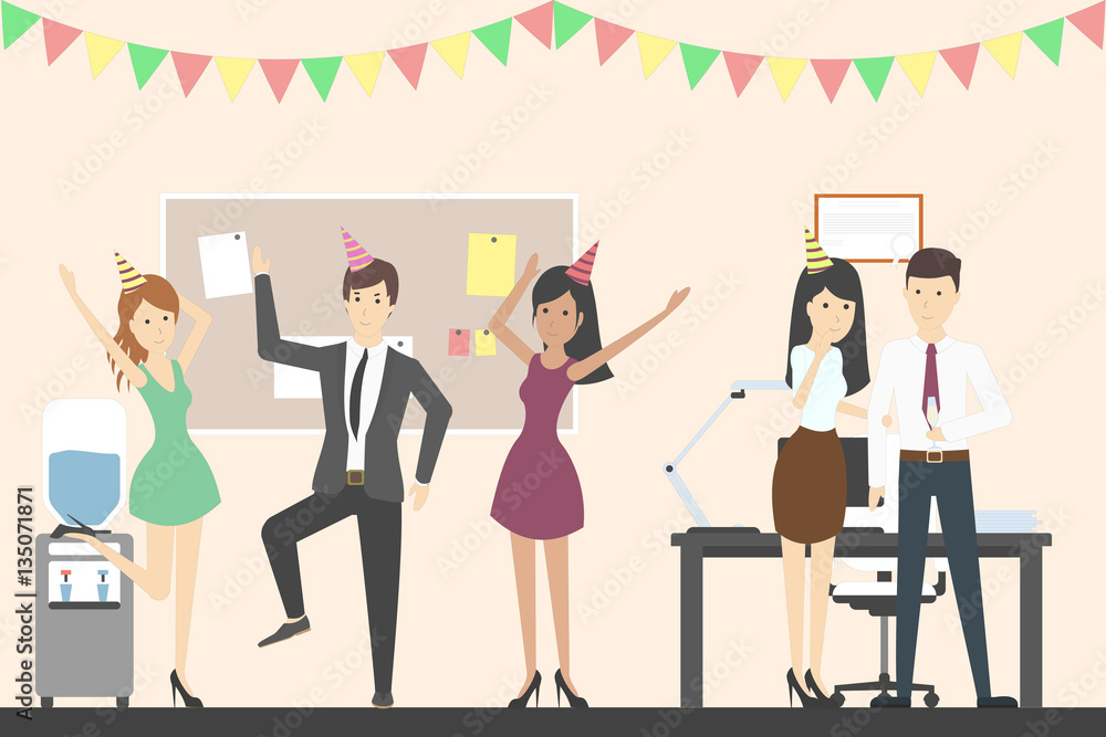 Office party dance. Holiday corporate dinner and disco. All staff in ...