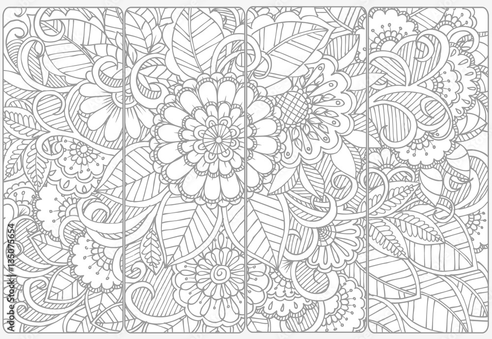 Floral doodles for adult coloring book.Vector set of monochrome Stock ...
