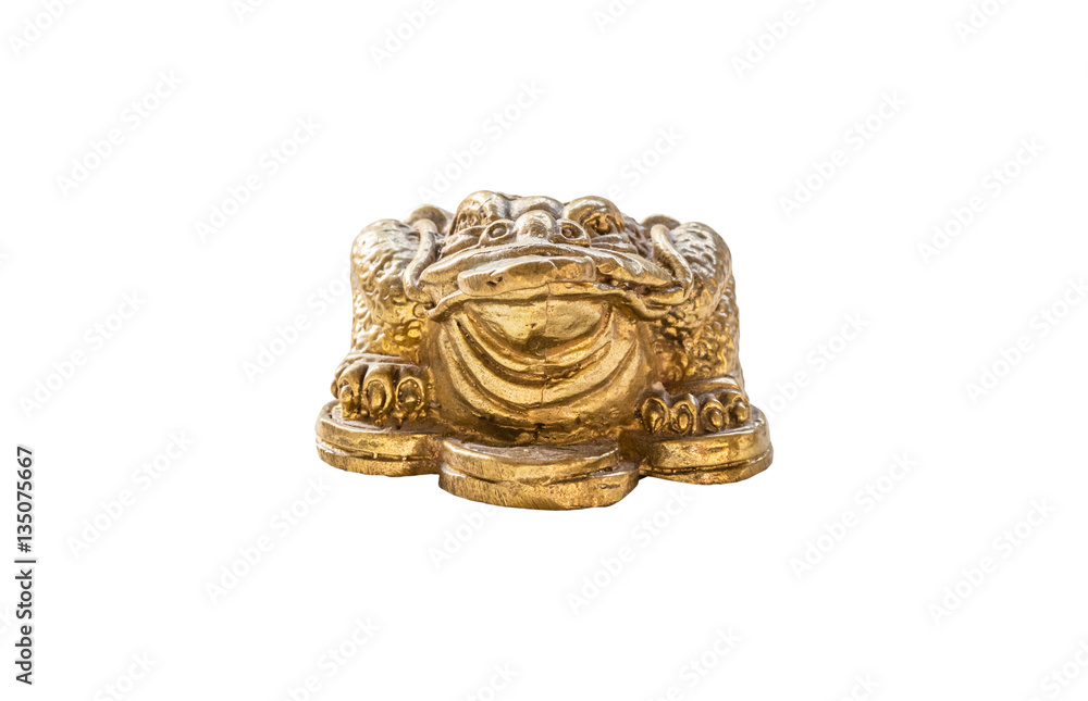 Cash mascot - Chan Chu - a gold frog figurine sitting on coins.isolated ...
