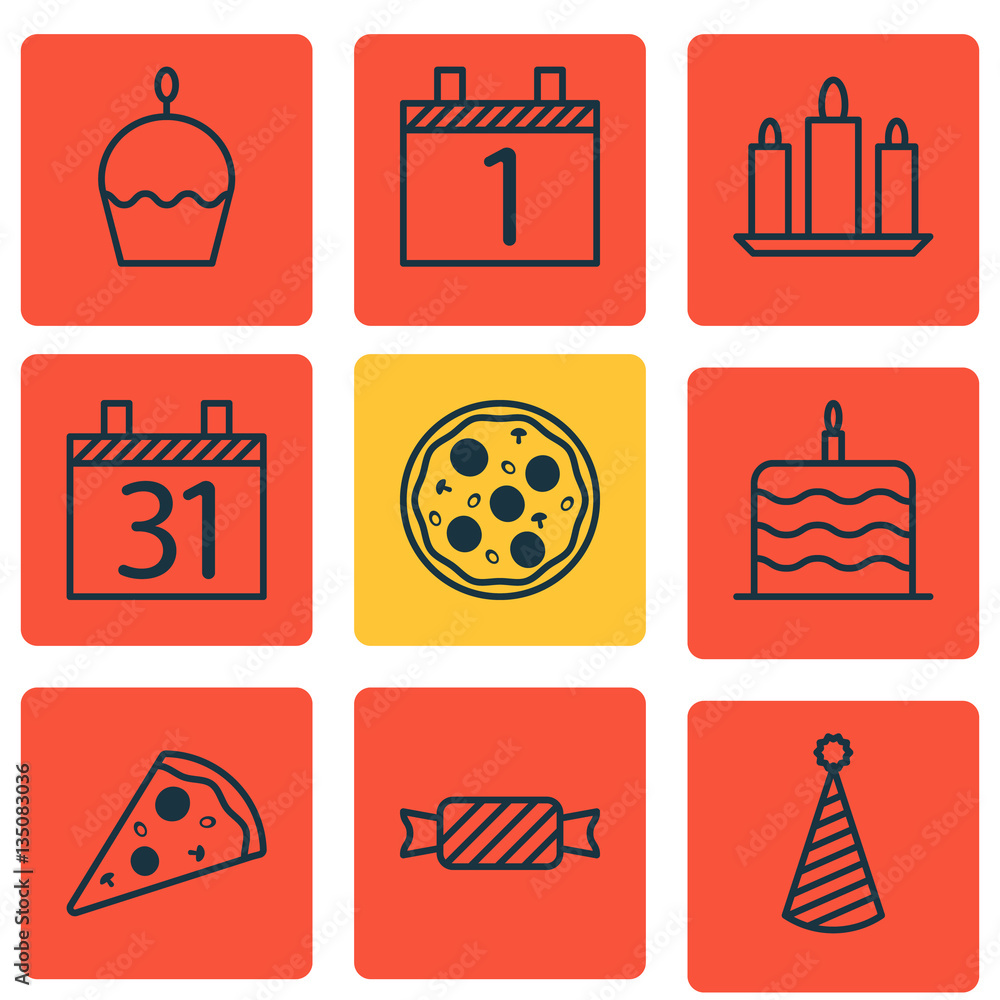 Set Of 9 Holiday Icons. Includes Birthday Hat, Sweet, Sliced Pizza And ...