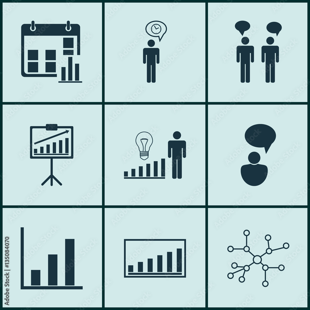 Set Of 9 Management Icons. Includes Bar Chart, Planning, Company ...
