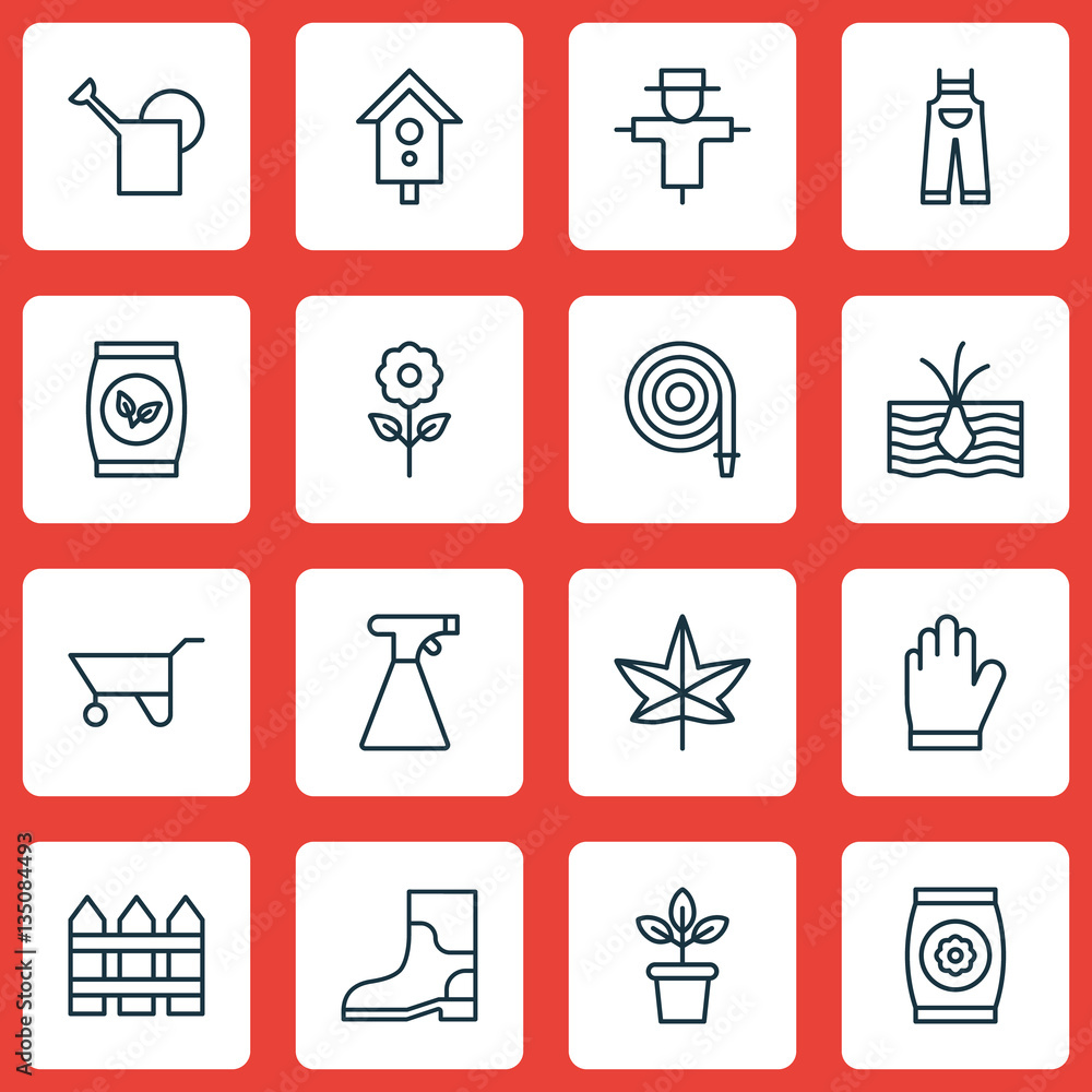 Set Of 16 Gardening Icons. Includes Grains, Birdhouse, Bugbear And ...