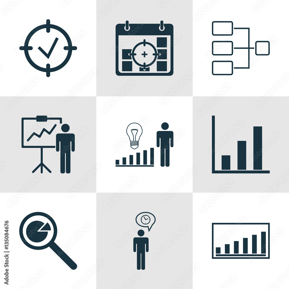 Set Of 9 Management Icons. Includes Project Analysis, Decision Making ...