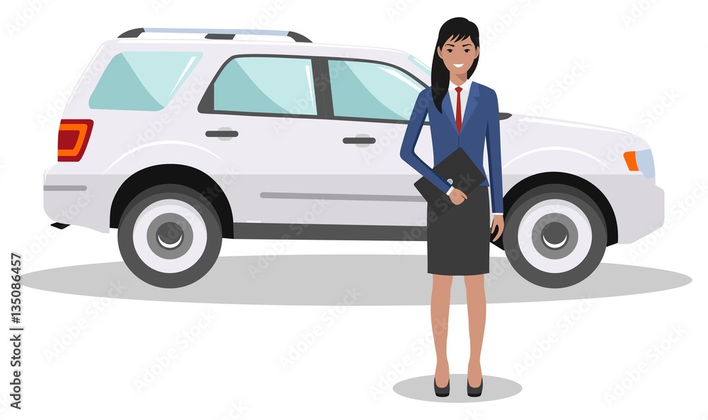 Businesswoman standing near the car on white background in flat style ...