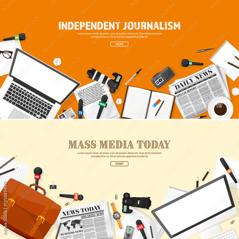 Mass media background in a flat style.Press conference with ...
