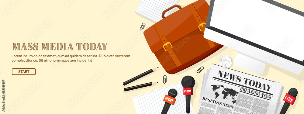 Mass media background in a flat style.Press conference with ...