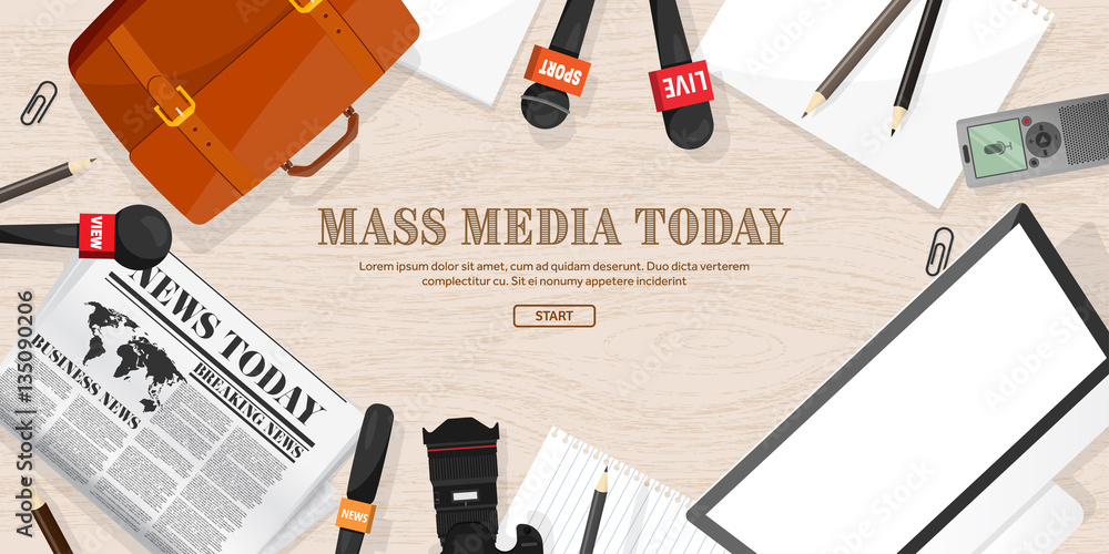 Mass media background in a flat style.Press conference with ...