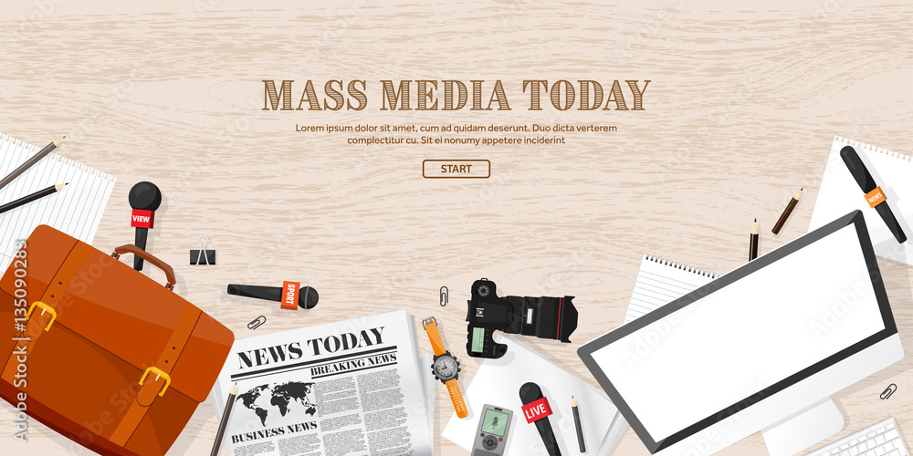 Mass media background in a flat style.Press conference with ...