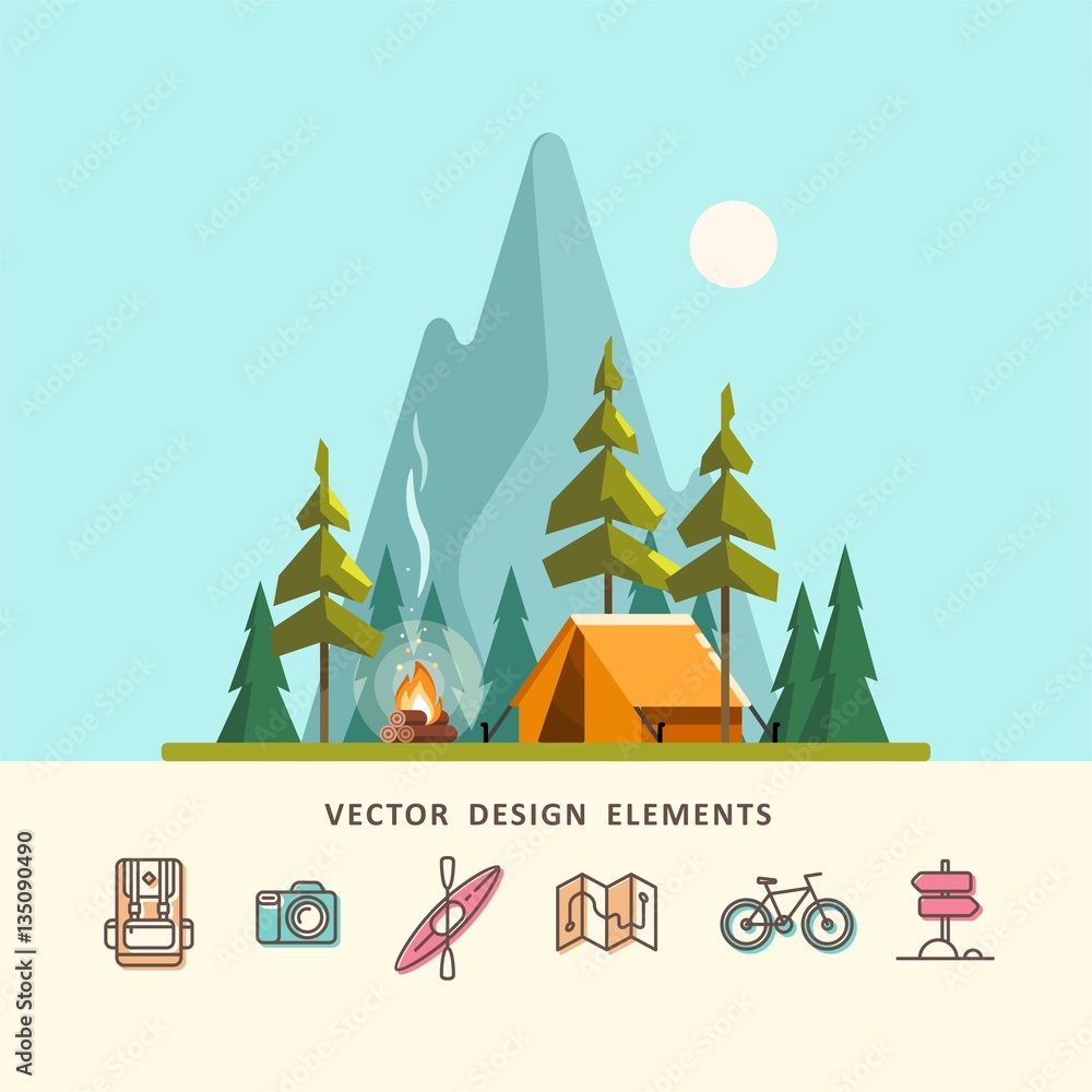 Summer camp. Landscape with yellow tent, campfire, forest and mountains ...