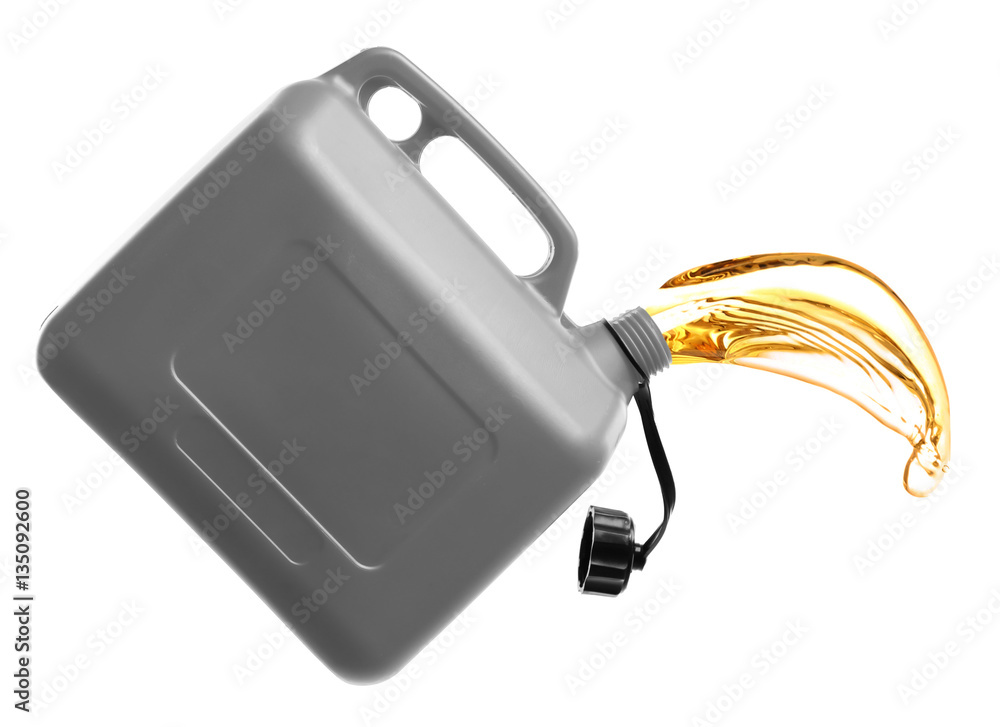 Plastic canister and oil splash on white background Stock Photo | Adobe ...