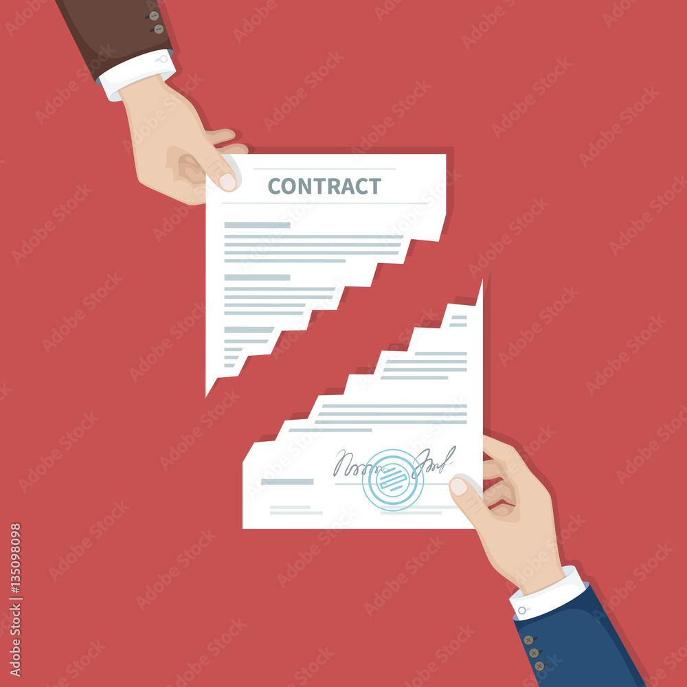 Contract termination concept. Two businessman hands tearing document ...