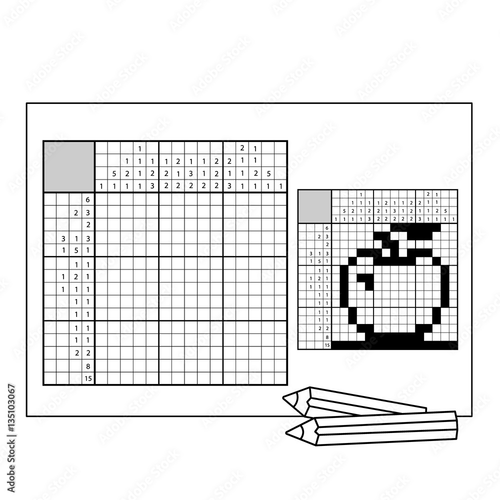 Apple. Black and white japanese crossword with answer. Nonogram with ...