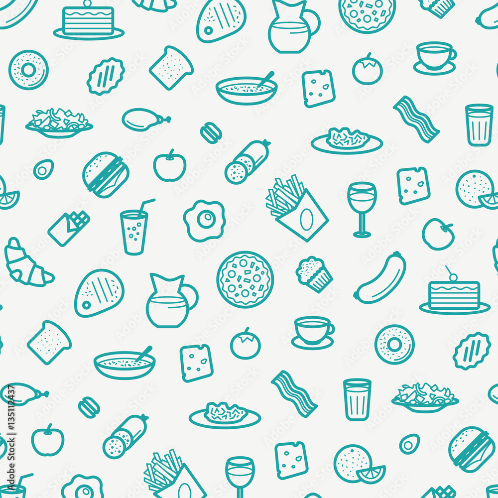 Seamless Pattern With Line Icons of Food Like Sausage, Cake, Donut ...