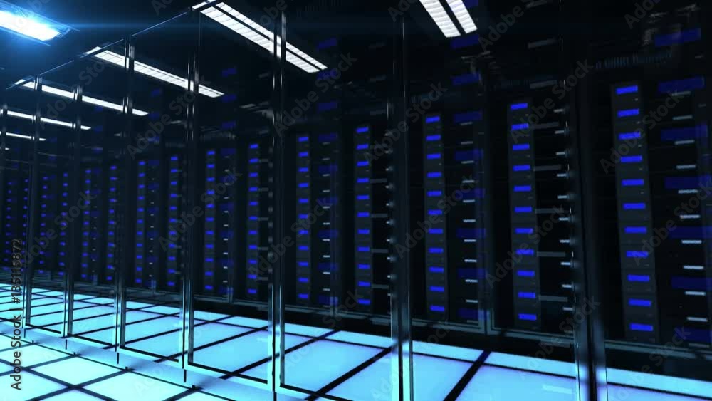 Seamlessly looping animation of rack servers in data center. Slightly ...