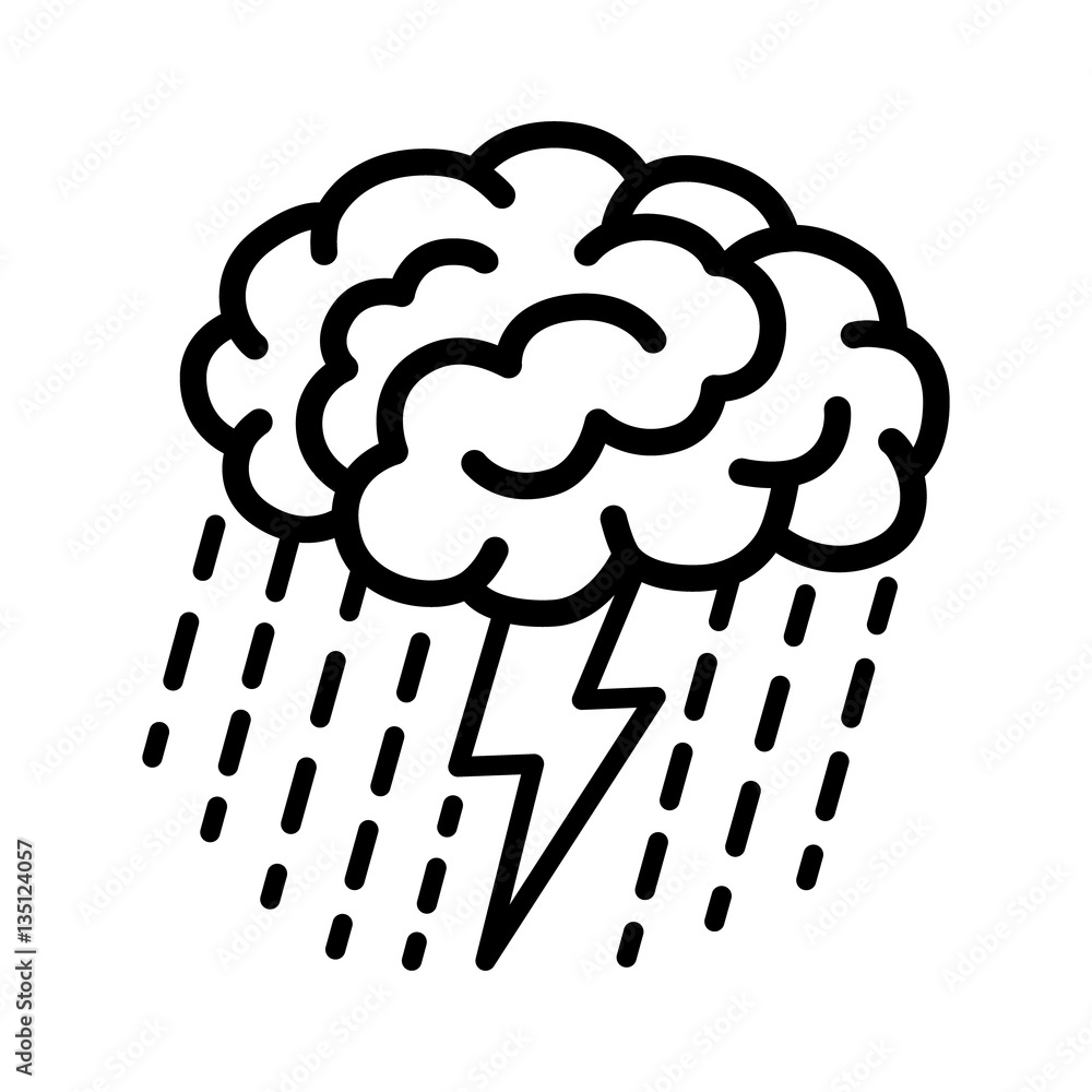 Brain brainstorm / brainstorming with lightning bolt and rain line art ...
