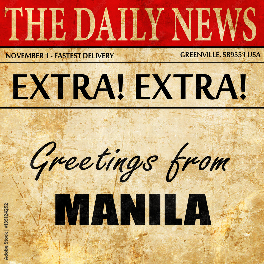 Greetings from manila, newspaper article text Stock Illustration ...