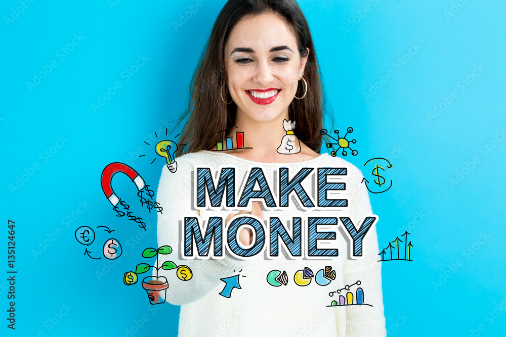 Make Money text with young woman Stock-Foto | Adobe Stock