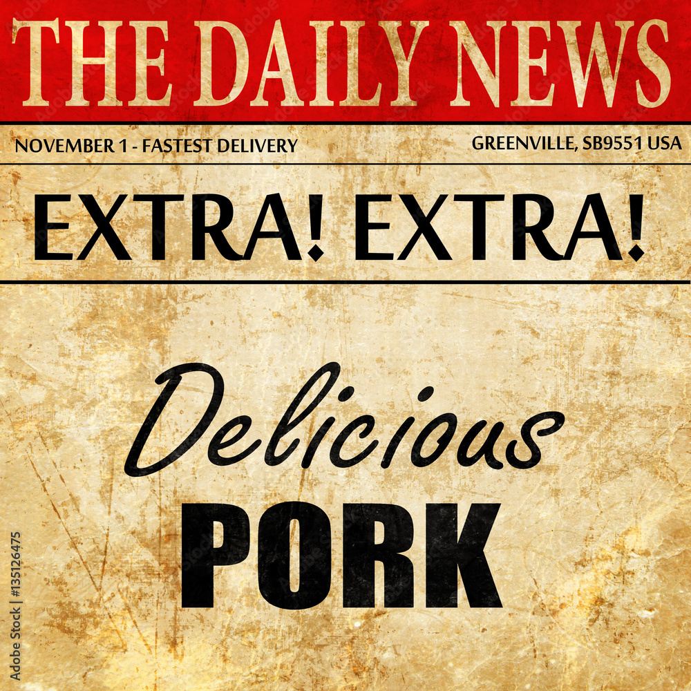 Illustrazione Stock Delicious pork signs, newspaper article text ...