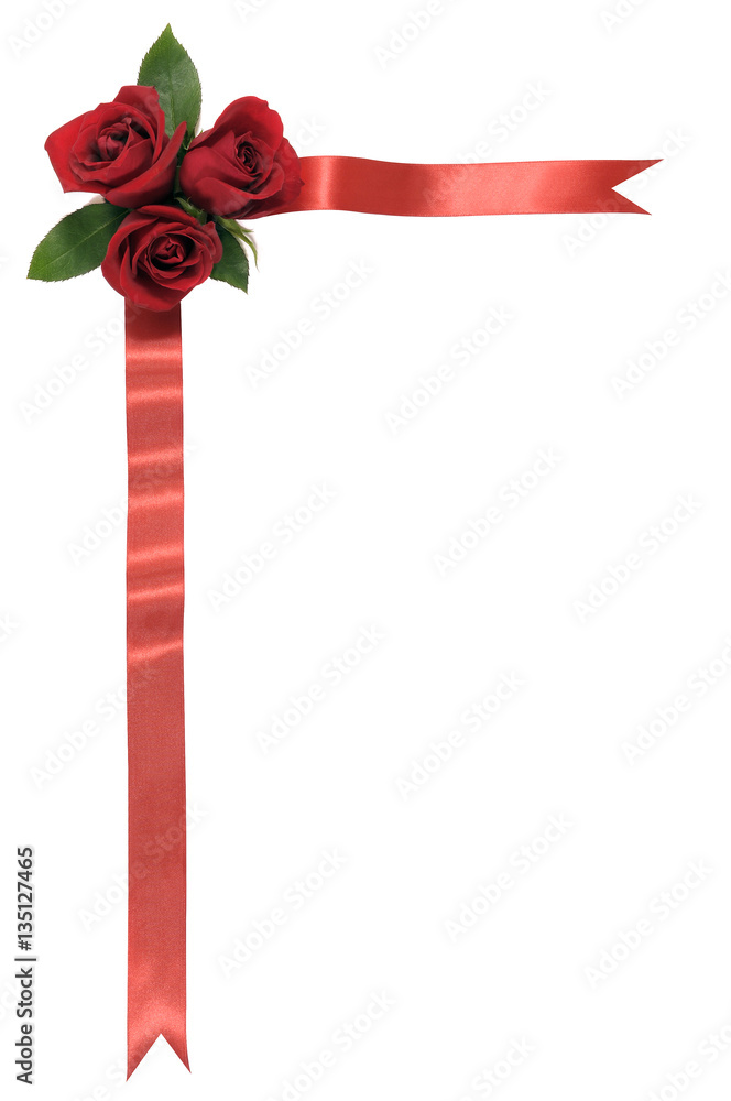 Red rose ribbon banner floral border frame vertical isolated on white ...