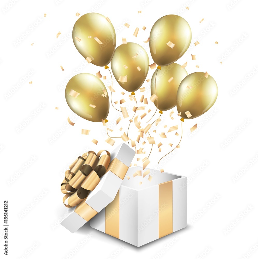 Open gold gift box with balloons Vector Stock Vector | Adobe Stock