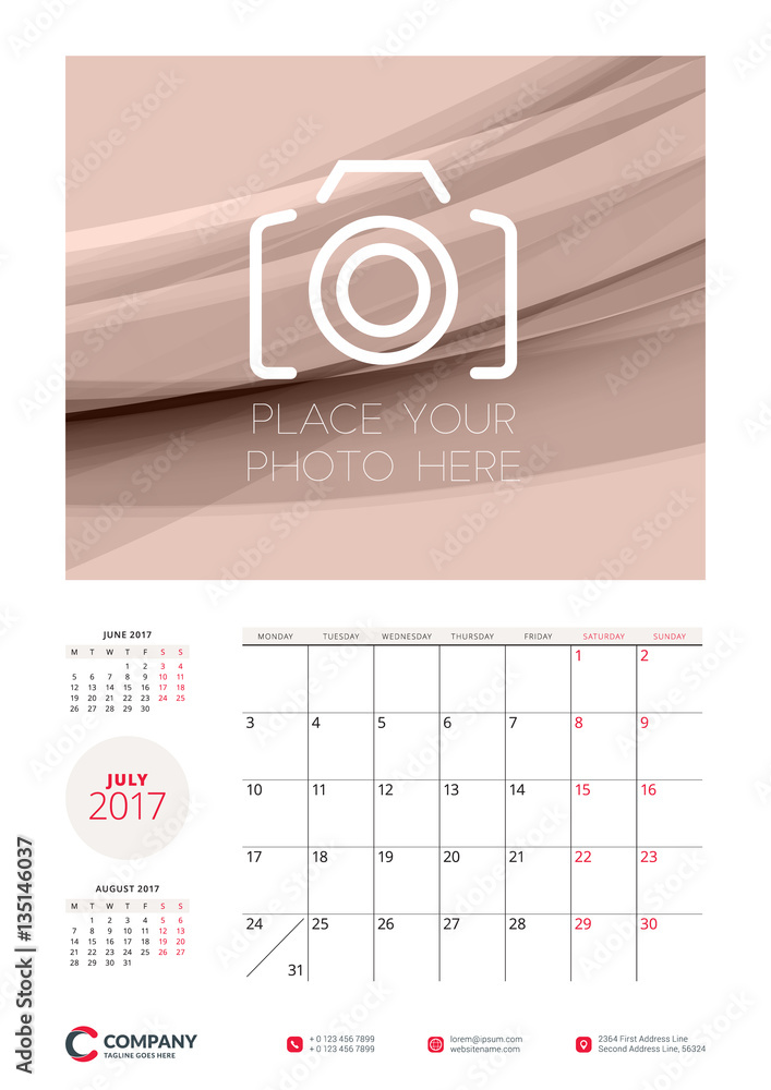 Wall calendar planner template for 2017 Year. July. Vector stationery ...