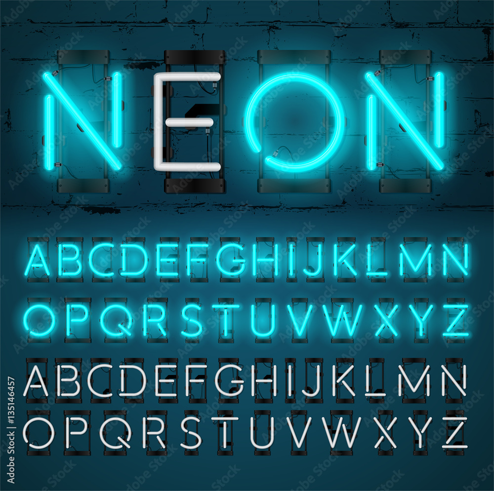 Neon Light Alphabet Vector Font. Glowing text effect. On and Off lamp ...