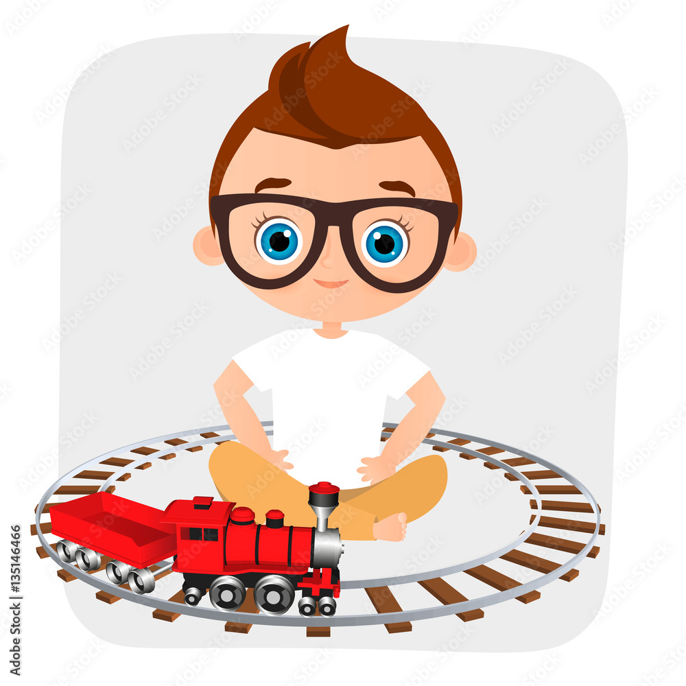 Young Boy with glasses and toy train. Boy playing with train. Vector ...