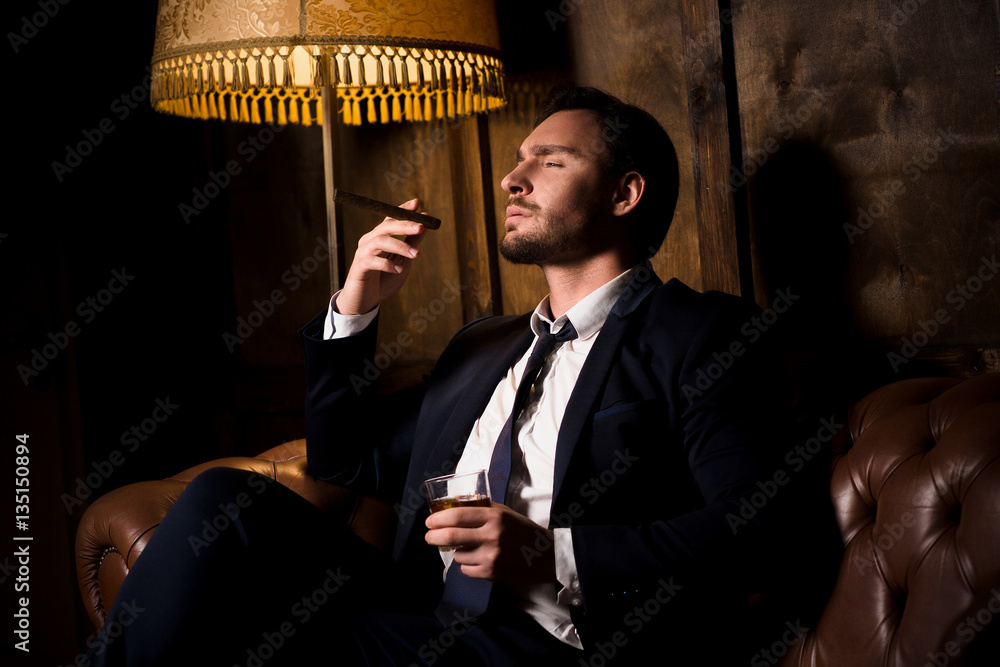 Handsome Man Drinking Whiskey And Smoking Cigar Billionaire Man