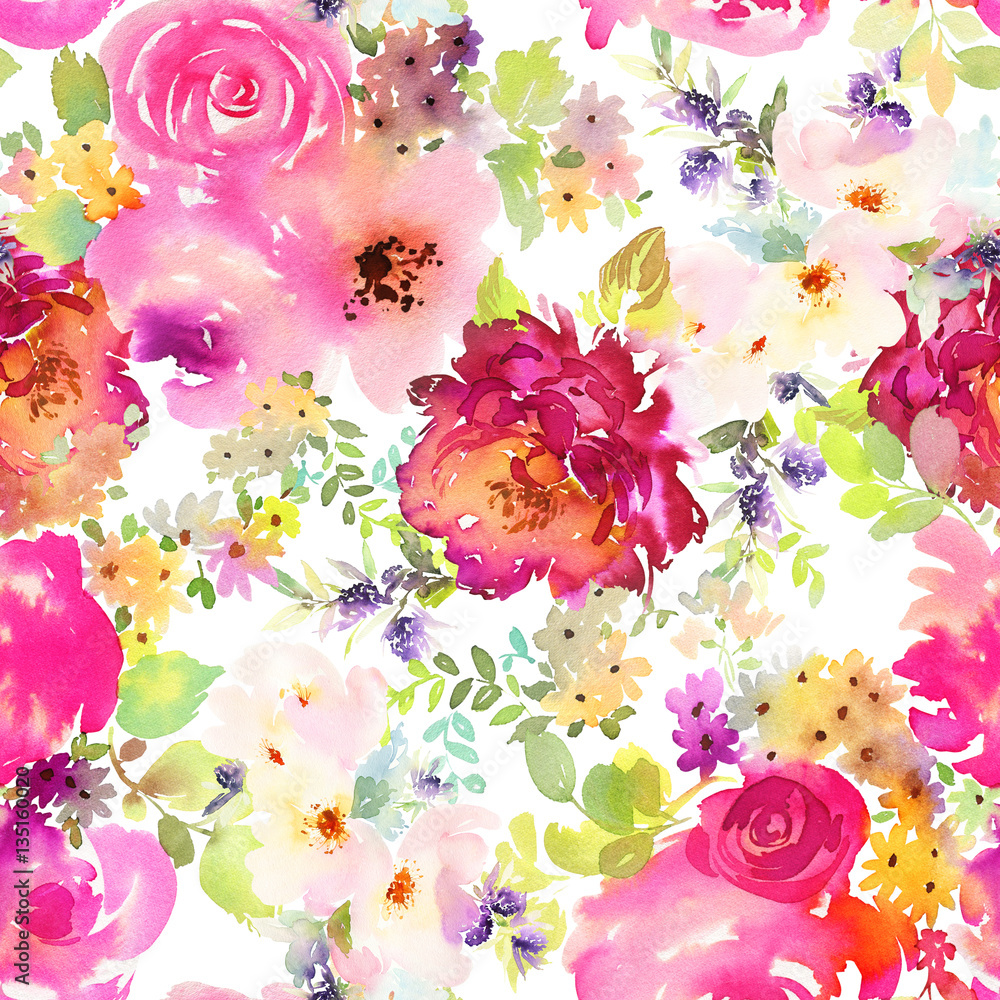 Seamless summer pattern with watercolor flowers handmade. Stock ...