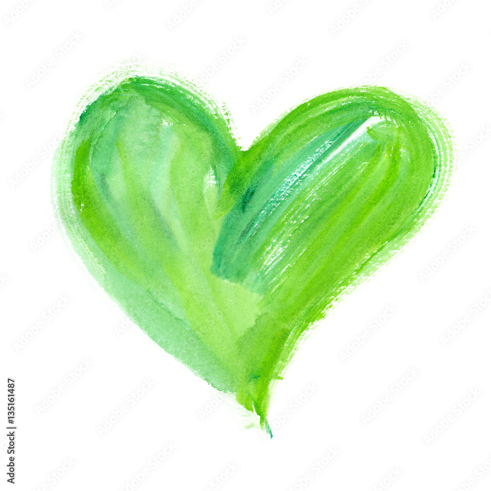 Big bright green heart painted in watercolor on clean white background ...