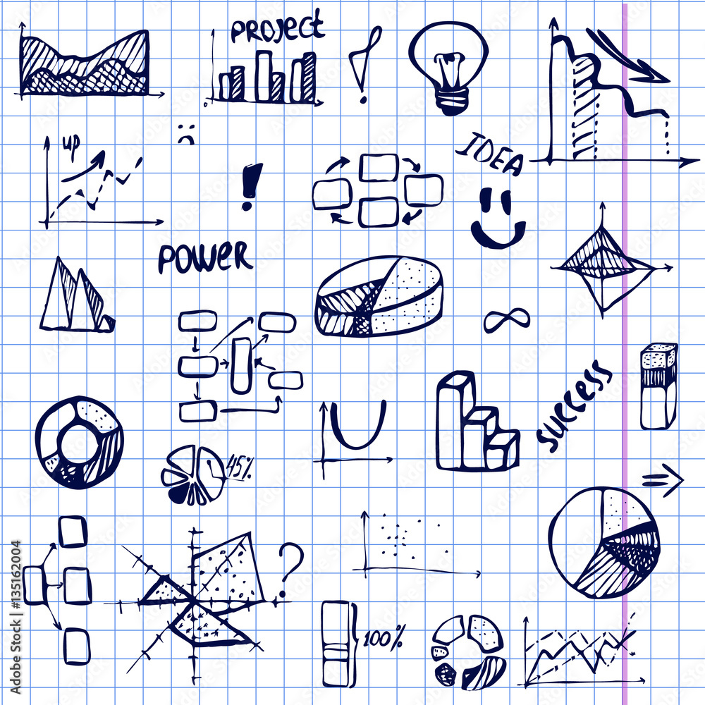 set of hand drawing business diagram (histogram, pie chart, graph of a ...