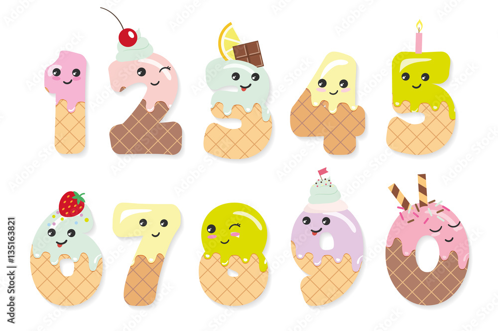 Cute kawaii numbers made of sweets. Funny characters for kids birthday ...