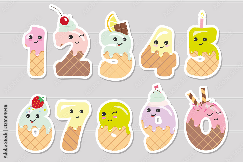 Cute kawaii numbers made of sweets. Funny stickers for kids birthday ...
