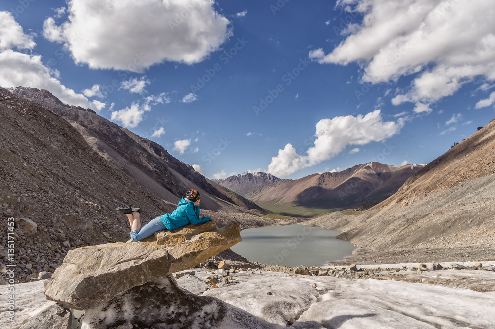 girl on the background of mountain scenery Stock-Foto | Adobe Stock