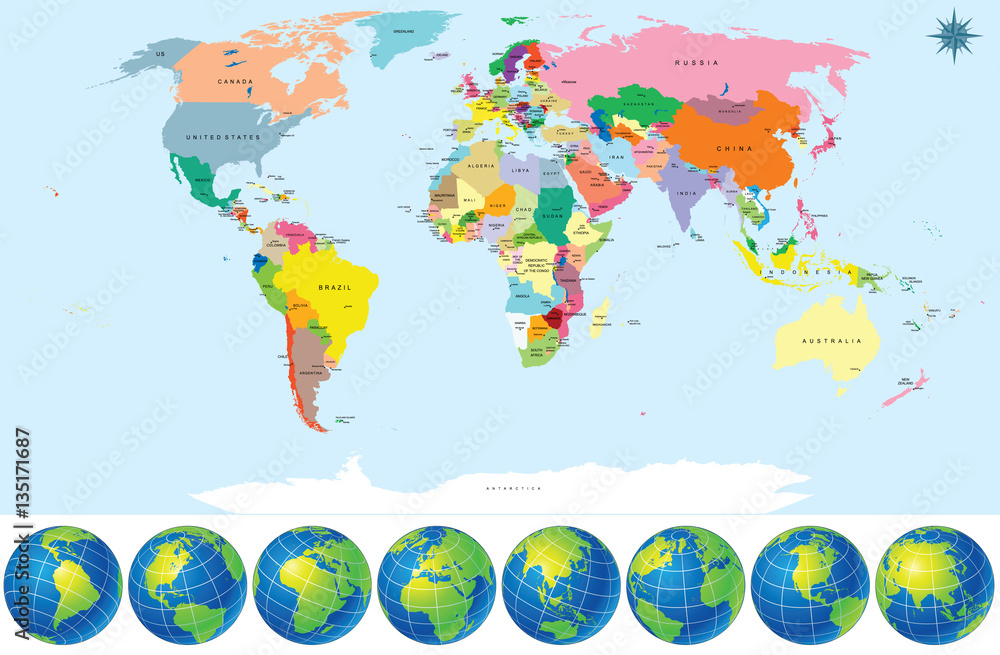Political World Map with Earth Globes Stock Vector | Adobe Stock
