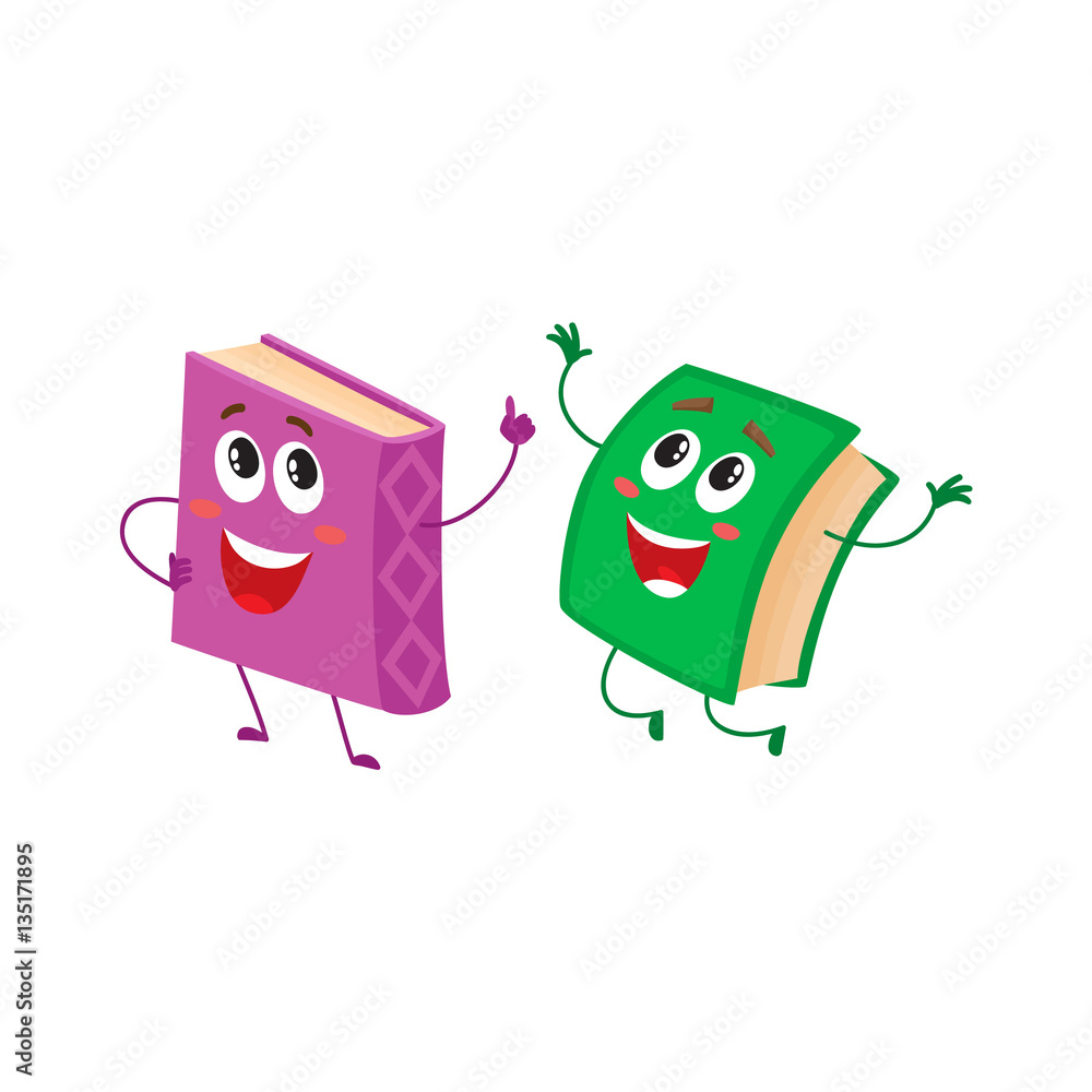 Two funny book characters running happily together, cartoon vector ...