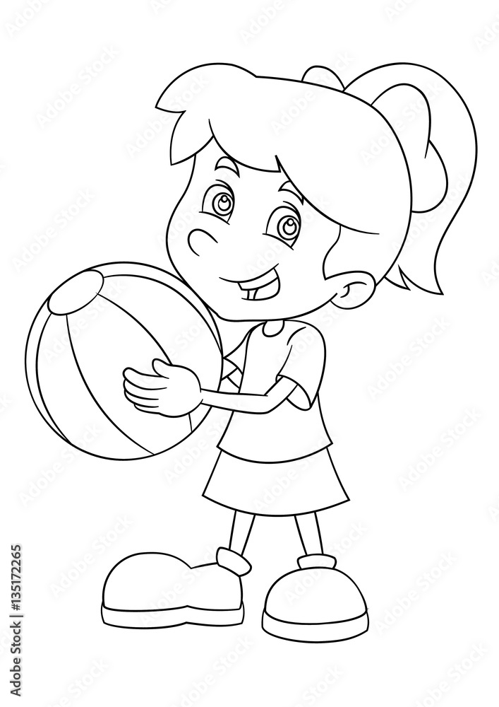 Cartoon girl holding ball and smiling - coloring page - illustration ...