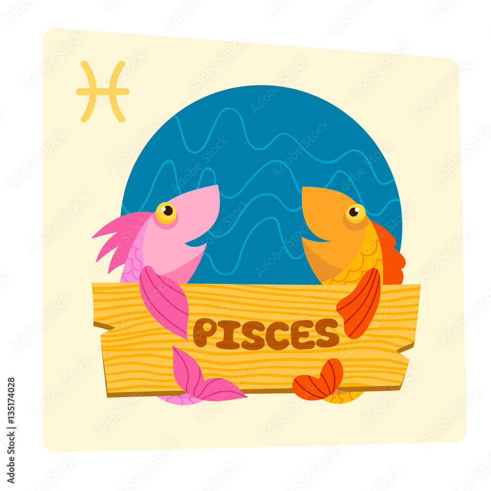 Vector pretty cartoon Pisces zodiac sign with fishes wooden plaque aqua ...