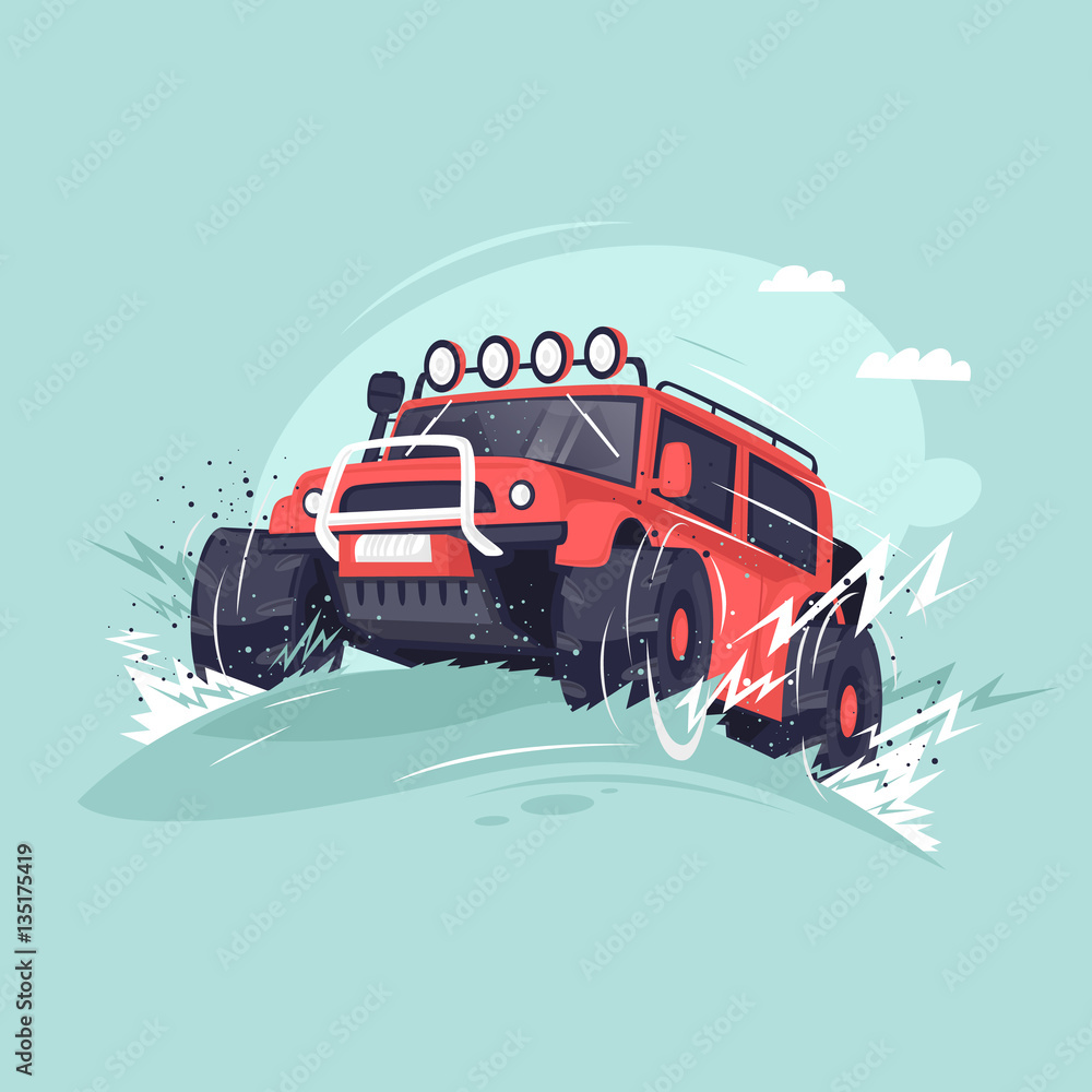Off-road. Competitions on Suvs. Flat vector illustration in cartoon ...