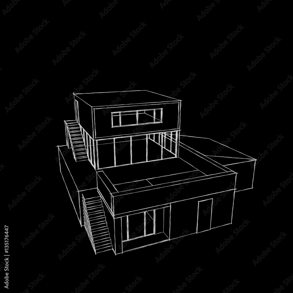 Modern house. Isolated on black background. Sketch illustration. Stock ...