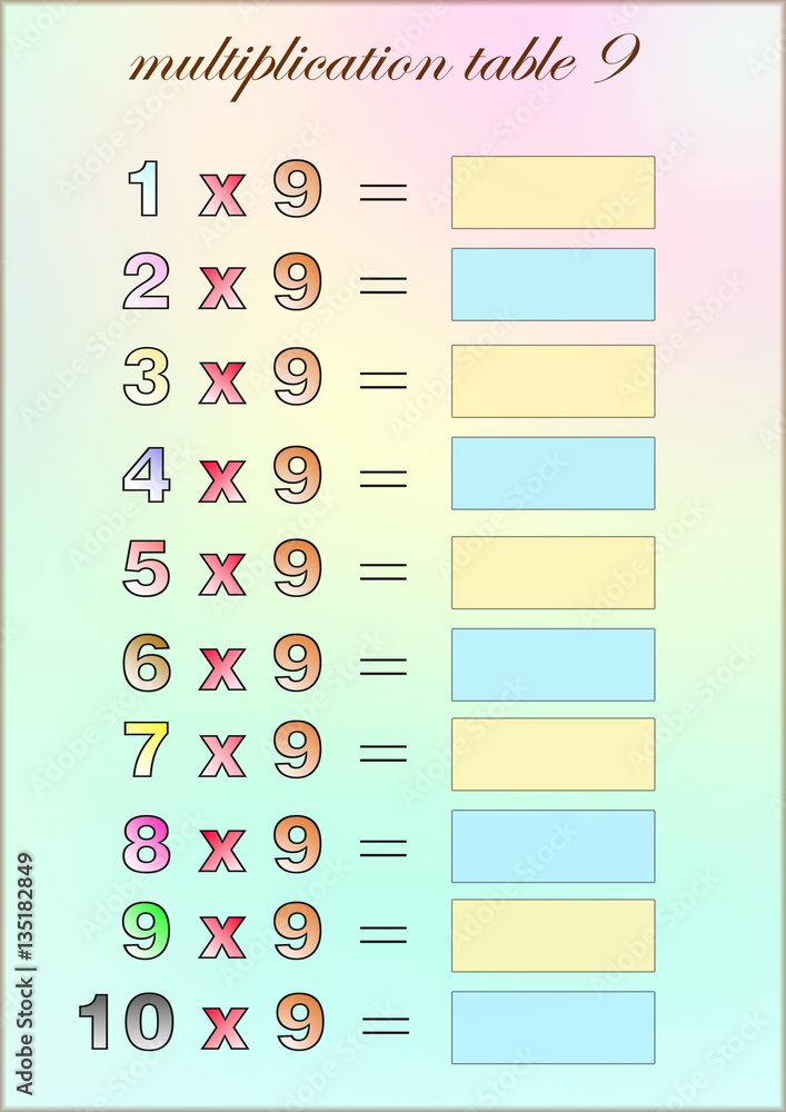 multiplication table of nine with empty space to write - school ...