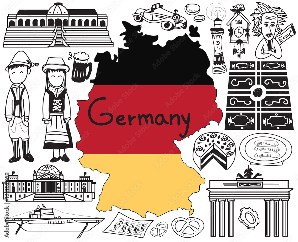 Travel to Germany doodle drawing icon with culture, costume, landmark ...