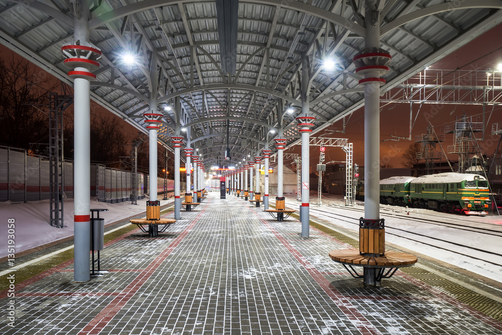 Moscow central circle railway station at night time without people. Old ...