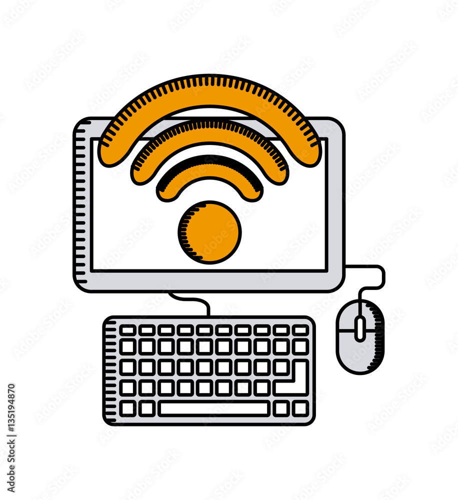 computer with wireless waves over white background. colorful design ...